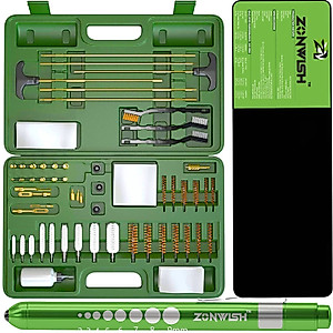 ZONWISH Brass Jags Universal Gun Cleaning Kit with Large Gun Mat and Pen Light -Rifle Kit with Sturdy Travel Case & 100 Cleaning Patches for All Caliber Rifle Pistol Handgun & Shotgun