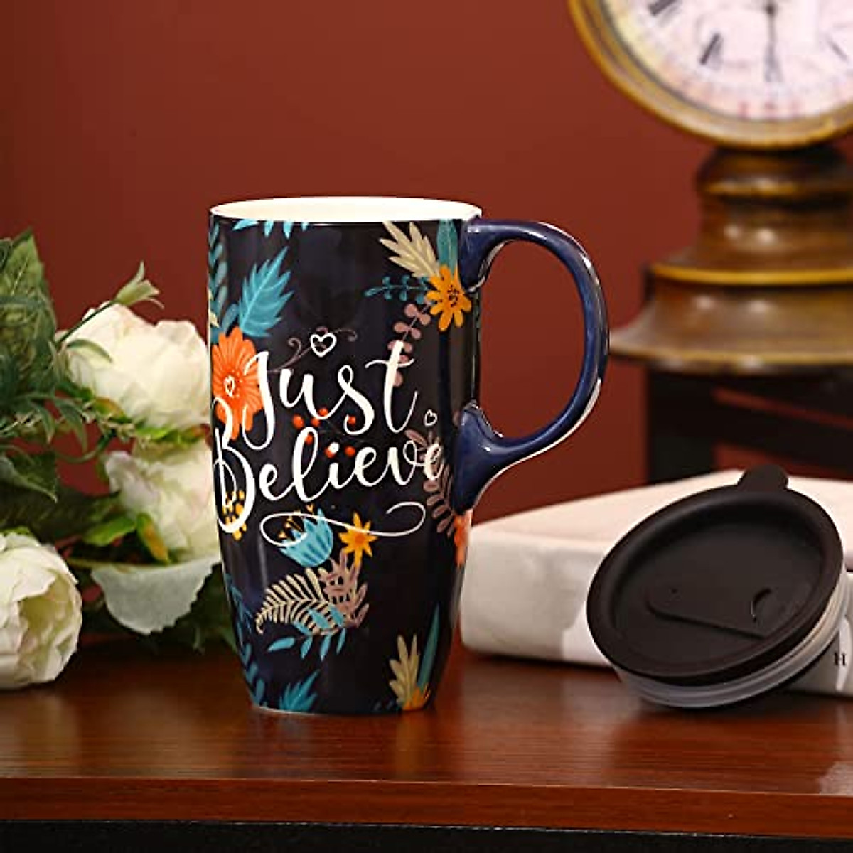 DUSVALLY Ceramic Travel Mug with Handle, Splash-Resistant Slider Lid, Ceramic Coffee Mug for Office and Home, Microwave & Dishwasher Safe, Just Believe Flower
