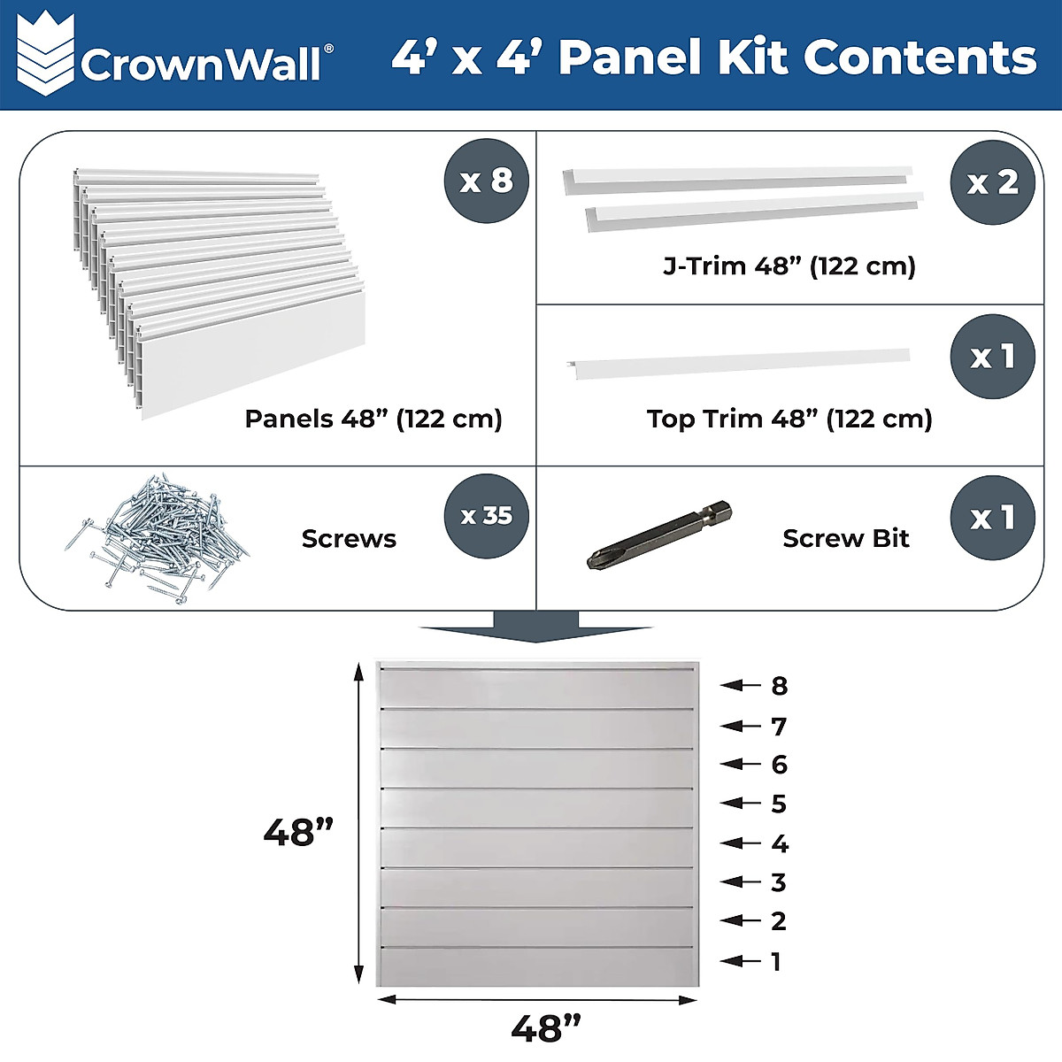CrownWall PVC Slat Wall Panels Garage Wall and Home Organizer Storage System | Heavy Duty Organization and Easy Installation | 4ft by 4ft (16 sqft) Section, White