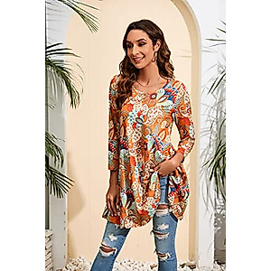 ENMAIN Women's Tunics Tops Plus Size Loose Fit 3/4 Sleeve Top Dressy Casual Swing Paisley Floral Orange Crewneck Hide Belly Tunic Tops to wear with Leggings
