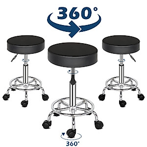 Salon Spa Stools Barstools PU Leather Modern Round Rolling Stool with Footrest Height Adjustable Spa Drafting Salon Tattoo Work Massage Stools Task Chair (Black 2)
