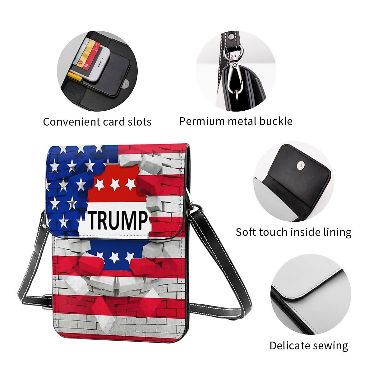 American Flag Trump Cell Phone Purse, DRAYTSO Crossbody Bag Small Leather Shoulder Bag for Women Wallet Sling Bags Handbag with Adjustable Strap