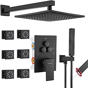 VANFOXLE Shower Faucet Set Matte Black Shower System,Push Button Diverter Shower Faucet with 2 in 1 Handheld,Wall Mount 10 Inch Shower Head with 6 PCS Dual Modes Body Jets(2 Inch)