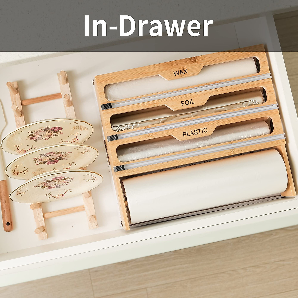 4-in-1 Wrap Dispenser with Slide Cutter - Plastic Wrap, Aluminum Foil, Wax Paper, Towel Roll, Roll Bag Holder Container for Kitchen Drawers - Compatible with 12" Width and Small Thickness Rolls