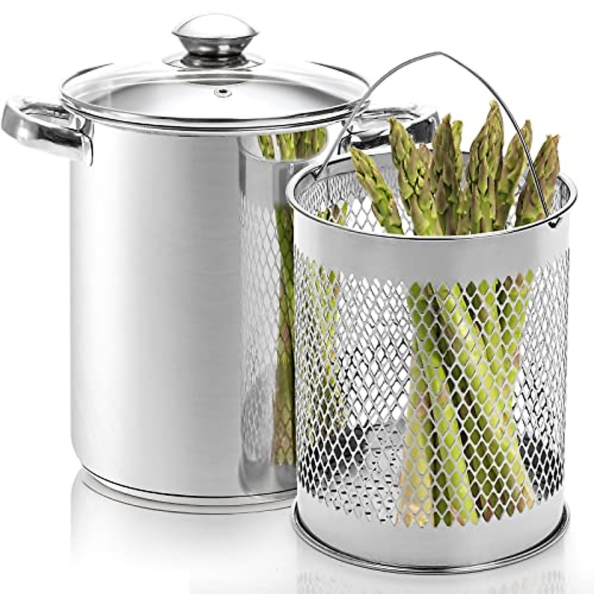 AVLA Asparagus Pot, 4 Quart Stainless Steel Steamer Cooker, Vegetable Asparagus Cooker with Removable Basket and Lid for Pasta, Spaghetti, Boiled Eggs, Shrimp, Oil Deep Fry Pan for French Fries