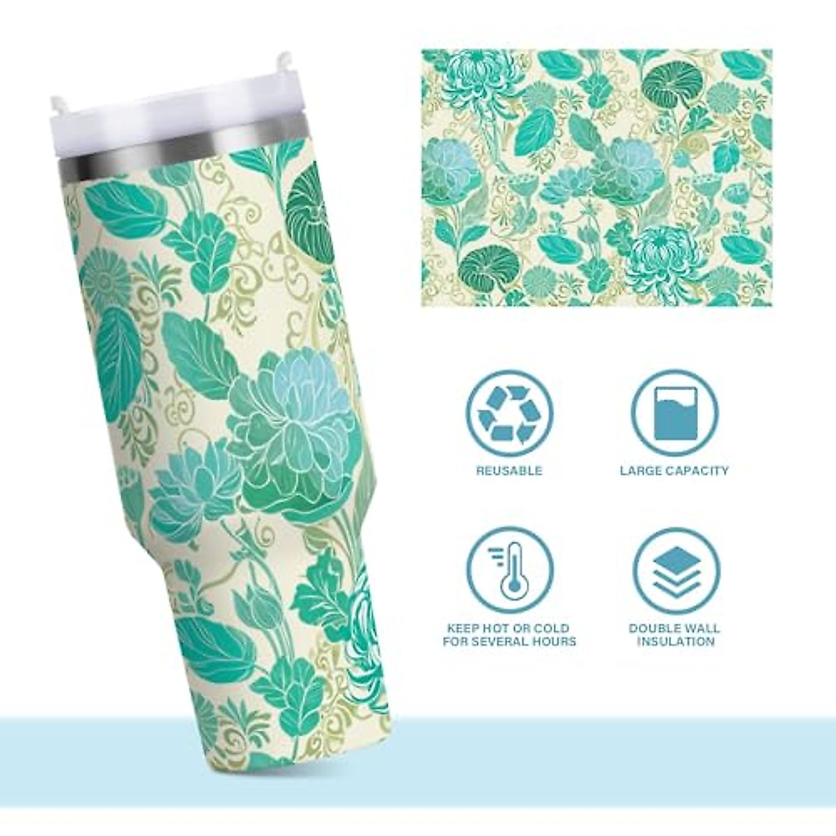 Vacuum Insulated Tumbler 30 Oz with Handle and Straw Lid, Retro Teal Floral