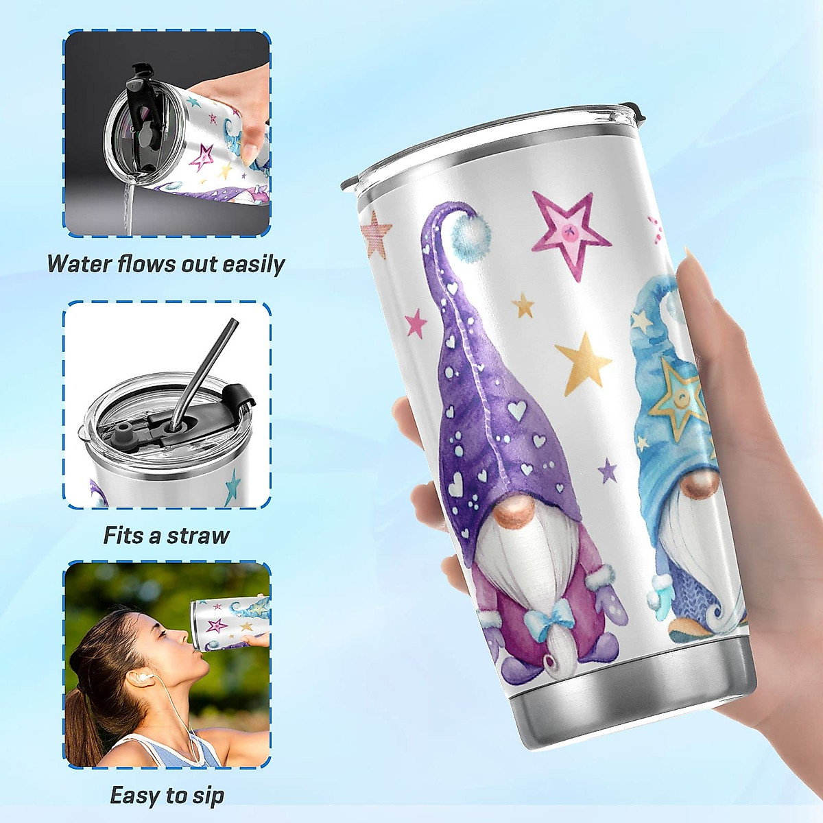 Kigai 20oz Tumbler Stainless Steel Double Wall Vacuum Insulated Tumbler Cup Travel Mug Coffee Cup with Lid, Straw and Cleaning Brush-Cute Gnomes