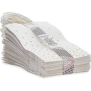 25 Pack Small White Gift Bags with Handles and Gold Foil Polka Dots (9 x 5 x 3 In)