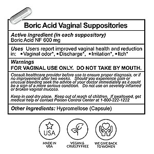 Flower Power Vegan Boric Acid Suppositories - 30 Capsules - 600mg for Vaginal Odor and pH Balance - Made in USA