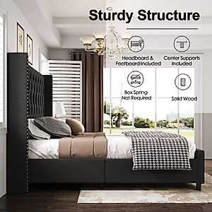PaPaJet King Size Bed Frame 61.4" Tall Headboard Upholstered Velvet Platform Bed with Handmade Deep Button Tufted/No Box Spring Required/Black