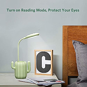 VADIV Desk Lamp, Cute Kids LED USB Rechargeable 3 Level Reading Table Lamp Children Bedside Light with Pencil Holder for Office Home Study - Green