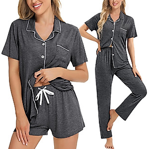 SWOMOG Womens 3pcs Button Down Pajamas Set Short Sleeve Sleepwear Bride Soft Pj Lounge Sets with Long Pants Deep Grey X-Large
