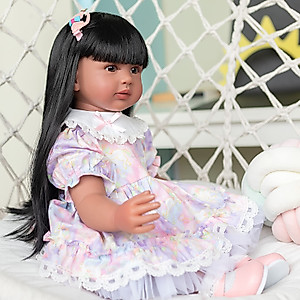 Angelbaby Reborn Toddle Doll Girl Black, 24inch Realistic African American Reborn Baby with Black Long Hair Soft Weighted Silicone Bebe Reborns Look Real