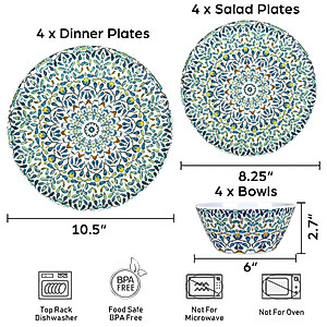 Aclema Melamine Dinnerware Sets 12 Pcs Dish Set Plates Bowls Unbreakable for Kitchen Dinner Outdoor Indoor Service for 4 Vintage
