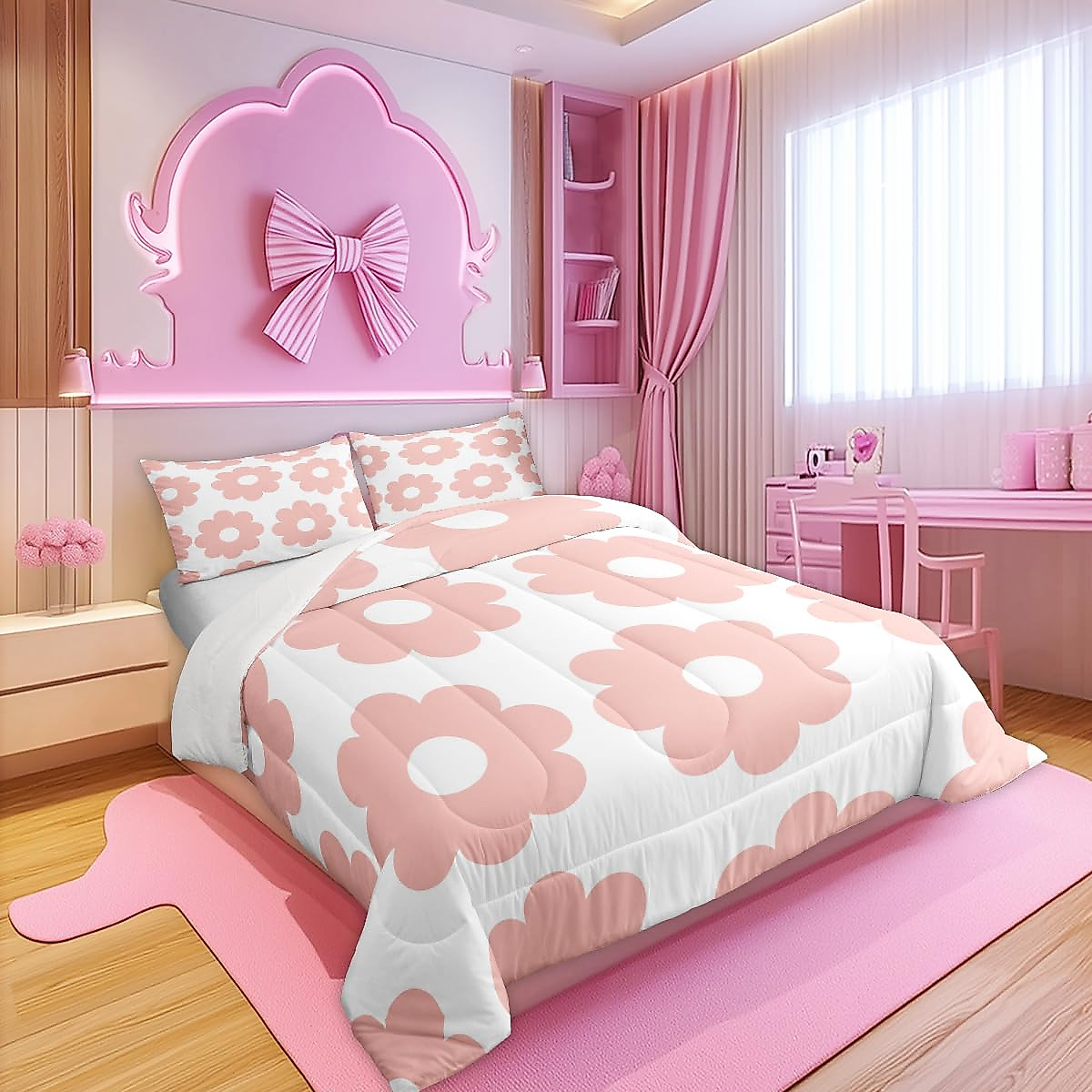 Manfei Girly Pink Bedding Set for Boys Girls, 70s Groovy Daisy Flowers All Season Cozy Comforter Set Full Size, Cute Cartoon Floral Duvet Set Bedroom Décor,Gift for Kids