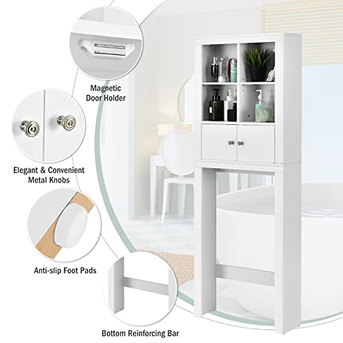 LOKO Over The Toilet Storage Cabinet, 2-Door Tall Bathroom Organizer w/ 4 Open Compartments & Adjustable Shelves, Modern Simple Toilet Space Saver, Ideal for Bathroom Laundry Balcony (White)