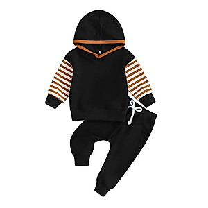 Hoanselay Toddler Baby Boy Color Block Sweatsuit Clothes Long Sleeve Hoodie Sweatshirt Top and Pants Fall Winter Outfit Set (Black striped, 18-24 Months)