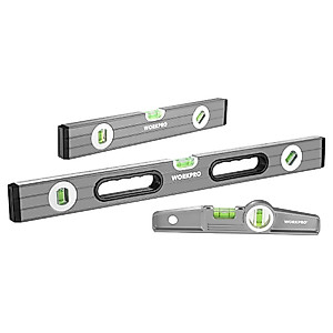 WORKPRO Torpedo Level, 3-Piece Spirit Level Set(9", 16", 24"), Magnetic, Bubbles Measuring, Clear,green