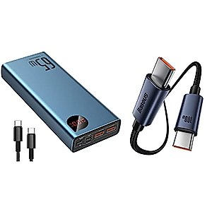 Baseus Power Bank, 65W 20000mAh Laptop Portable Charger&100W USB C to USB C Cable 6.6ft