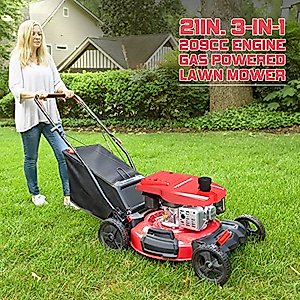 PowerSmart Gas Powered Push Lawn Mower 21 Inch 209 CC Engine, 3 in 1 Bag, Side Discharge, and Mulching Capabilities, DB2321PH Red