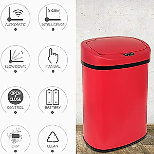Automatic Sensor 13 Gallon Trash Can, Touch Free Trash Can, No Touch Garbage Can Kitchen Waste Bin, High-Capacity Bathroom Trash Can with Lid for Home Bedroom Office, Power by Battery, Red