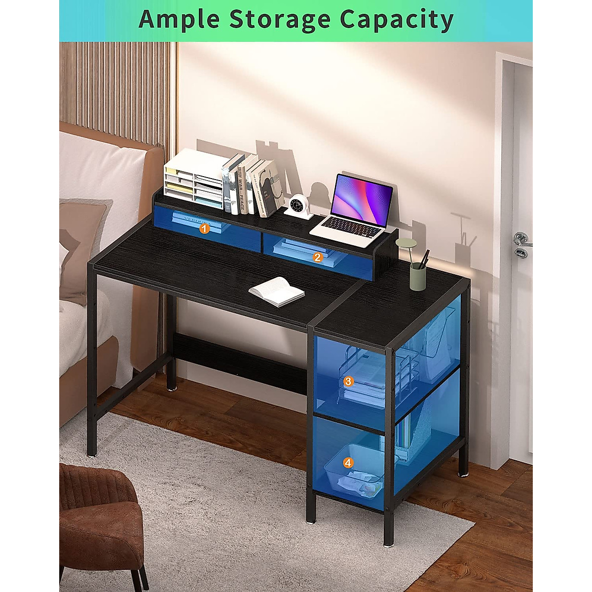 MINOSYS Computer Desk - 47” Gaming Desk, Home Office Desk with Storage, Small Desk with Monitor Stand, Storage Space-Savor, Modern Table, Black.