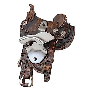 Ebros Gift Western Cowboy Farm Country Rustic Horse Saddle in Faux Tooled Leather Finish Wall Mounted Soda Beer Glass Bottle Cap Stainless Steel Metal Opener Sculpture Man Cave Accent
