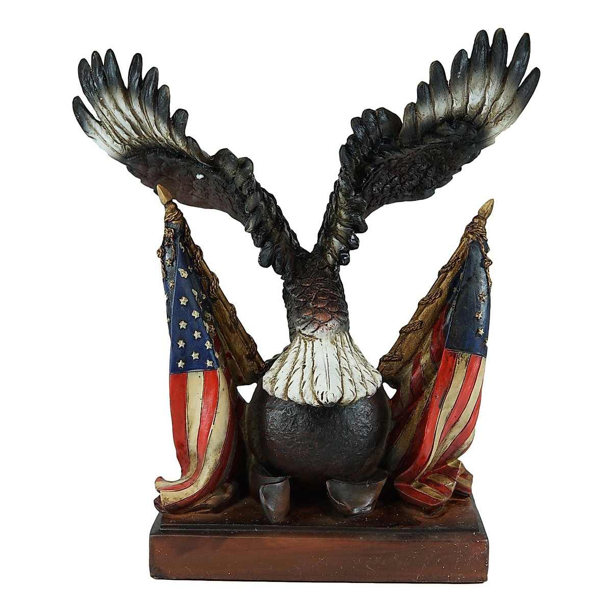 Ebros Gift Patriotic Wings of Glory Bald Eagle Resting On Globe with Map of America and 2 Star Spangled Banner Flags Figurine with Trophy Base One Nation Under God American Symbolic Statue
