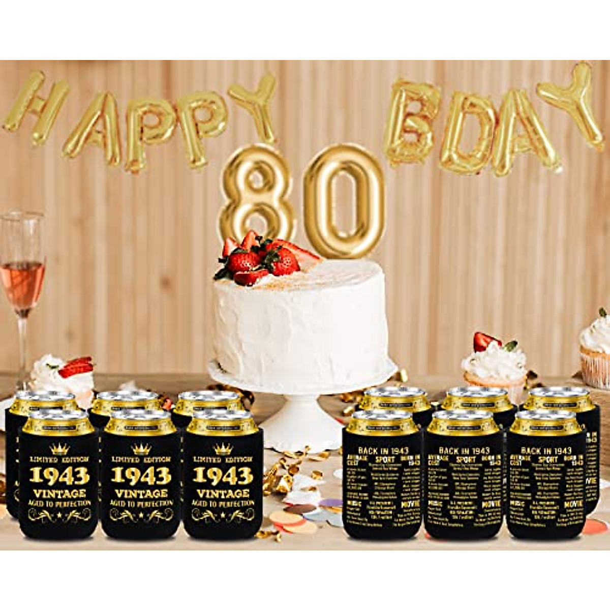 BackURyear 80th Birthday Party Decorations for Men Women, Funny 80th Birthday Party Supplies, 80 Years Old Eighty Birthday Decor, 80th Birthday Party Cans Cooler Sleeves, Black&Gold/12 Pcs