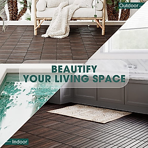 Idzo Interlocking Deck Tiles - 10PCS Waterproof Acacia Wood Patio Tiles, Flooring Tiles for Both Indoor and Outdoor - Decking Stripe Pattern, Dark Brown, 12 x 12 x 0.9 inches