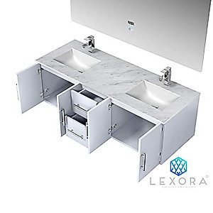 Lexora Geneva 60 in. W x 22 in. D Glossy White Double Bath Vanity, Carrara Marble Top and 60 in. LED Mirror