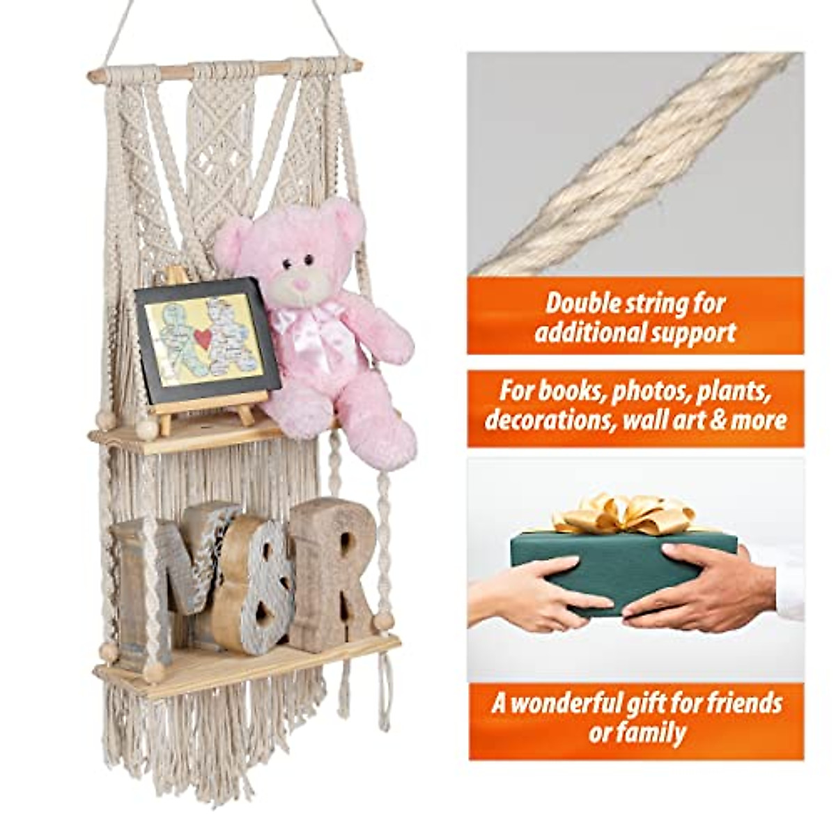 INOVA TYMES Macrame Wall Hanging Shelf 2 Tier - Boho Bedroom Decor | Macrame Wall Decor | Boho Shelf Decor, Hanging Shelves for Wall, Woven Rope Floating Wood Shelves & Storage for Small Plants Books