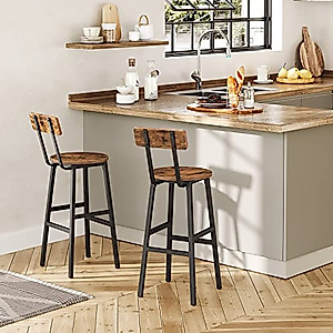 MAHANCRIS Bar Stools, Set of 2 Round Bar Chairs, 24.4 Inches Bar Stools with Back, Breakfast Bar Chairs with Footrest, Counter Bar Stools, for Dining Room, Kitchen, Bar, Rustic Brown BAHR02101
