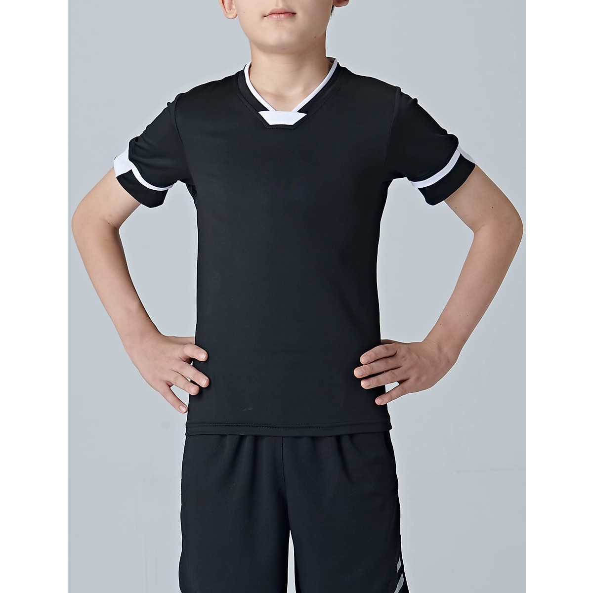 2 Pack Youth Boys' Soccer Jerseys, Black White Training Shirts for Kids, Dry Fit Athletic Performance Short Sleeve Tees (Medium)