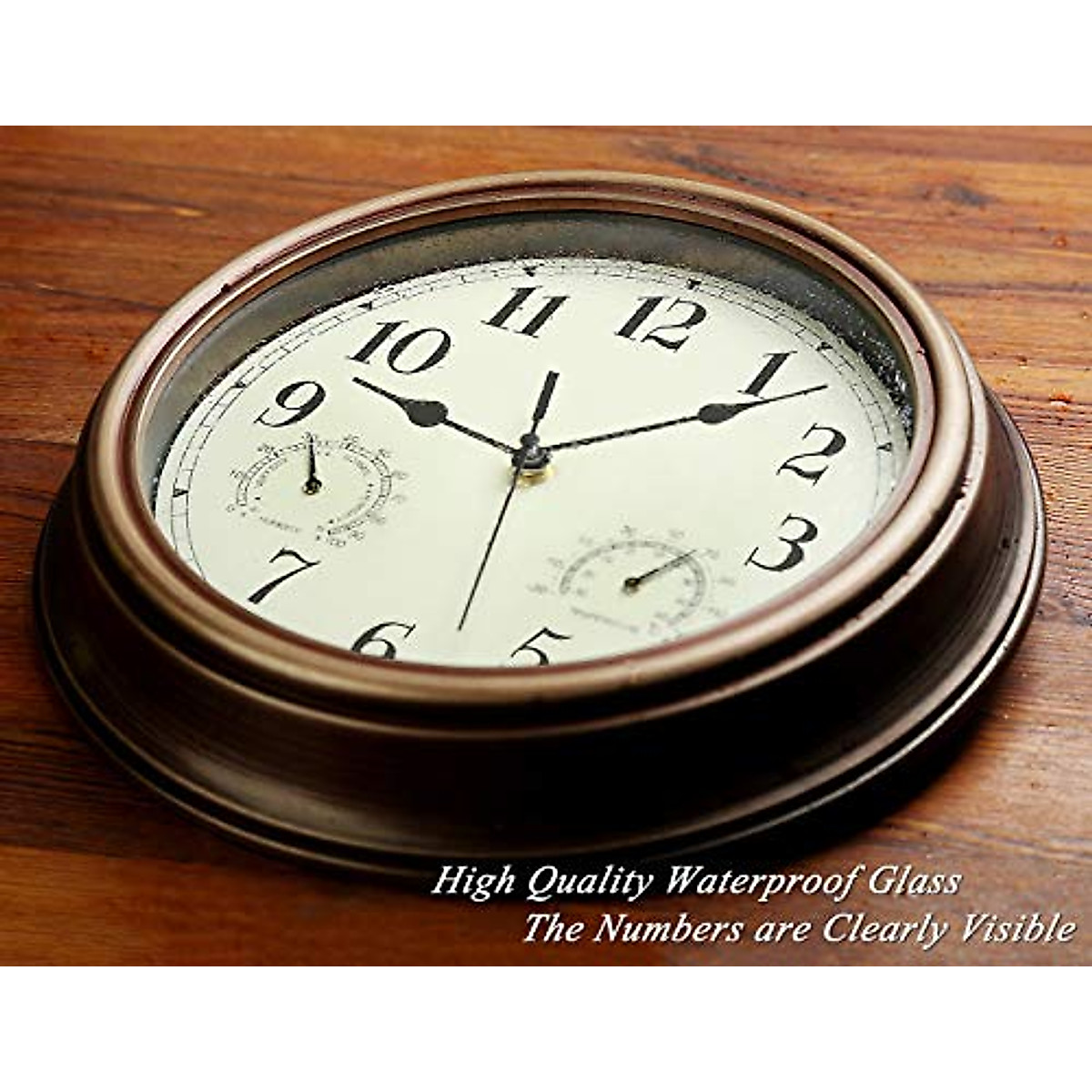 Rsobl 12 Inch Indoor Outdoor Wall Clock Waterproof with Temperature and Humidity Combo,Battery Operated Non Ticking Silent Clock Wall Decorative