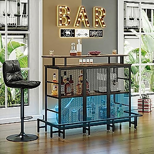 Furnideco Industrial Home Bar Unit, 3 Tier Liquor Bar Table with RGB LED Lights and Wine Storage Display Shelf with Glass Holder Footrest, and Metal Footrest Wine Rack for Kitchen Living Room