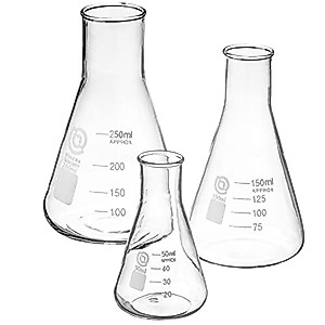 Glass Erlenmeyer Flask Set - Graduated Borosilicate Glassware - Volumetric Narrow Neck Scientific Chemistry Labware & Equipment - Home & School Science Experiments (50-250mL, 3-Pack)
