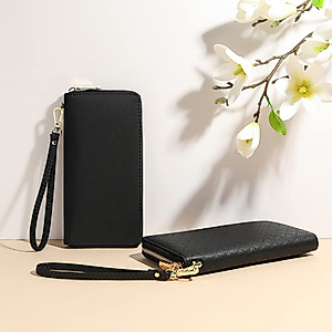 Wallets For Women Zipper Wristlet Clutch Wallet With Wrist Strap Ladies Long Purse Vegan Leather (Black)