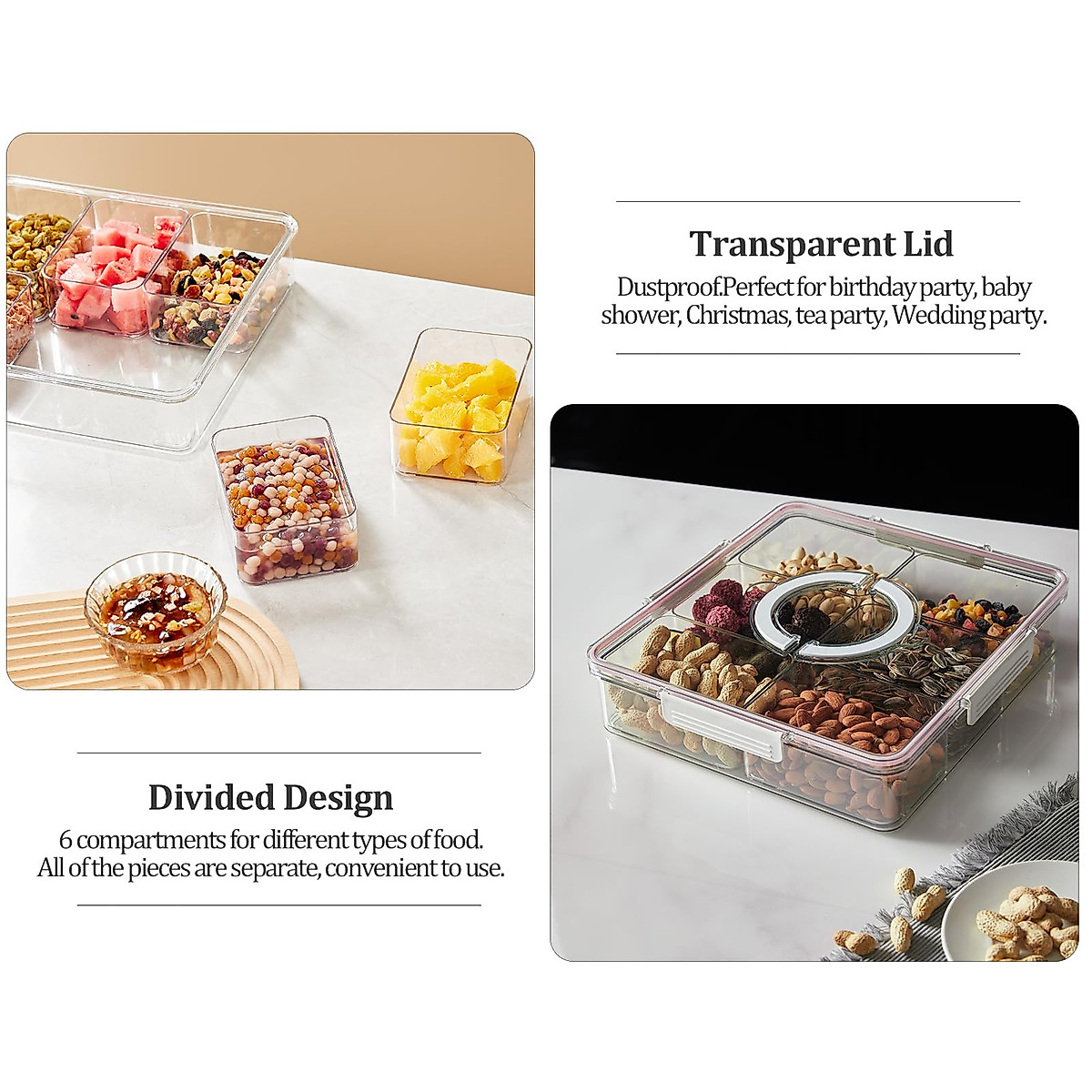 YouLike 12'' Large Divided Snackle Box Charcuterie Container with Handles and Lids 6 Removable Compartment Fruit Serving Tray for Veggie Meal Prep Fridge Storage Box