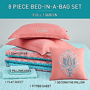 Degrees of Comfort Bed in A Bag Queen Size ，Boho Mandala Complete Comforter Sets, Microfiber Bohemian Bedding Set with Side Pockets, Matching Decorative Pillow, 8 Piece Coral