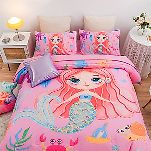 Aimuan Girls Tail Glitter Comforter Set for Women, Mermaid Fish Bedding Set 6Pcs in a Bag Pink Quilt Set for Girls Bedroom (Pink, Full 6Pcs)