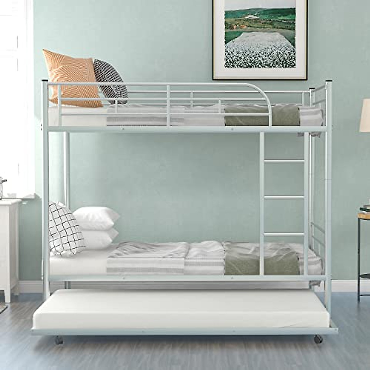 Lostcat Twin Over Twin Bunk Bed with Trundle,Heavy Duty Twin Size Bunk Beds Frame with Safety Guardrails and ladders,Can be Divided Into Two Beds,for Kids/Teen/Adults,No Box Spring Needed,Silver