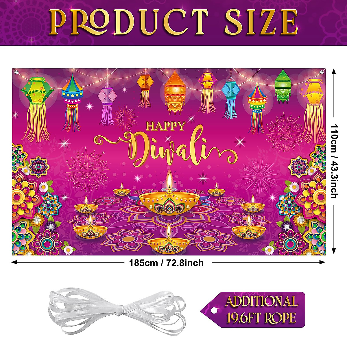 Happy Diwali Backdrop Banner Decorations, Indian Diwali Backdrop Decorations for Home Wall Hanging, Diwali Photo Booth Props Background Banner for Light Celebration Festival Party Supplies, 43x73 Inch