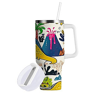 RPLIFE Cute Colorful Dinosaurs Coffee Tumbler with Handle, Stainless Steel Mug, Straw Water Bottle