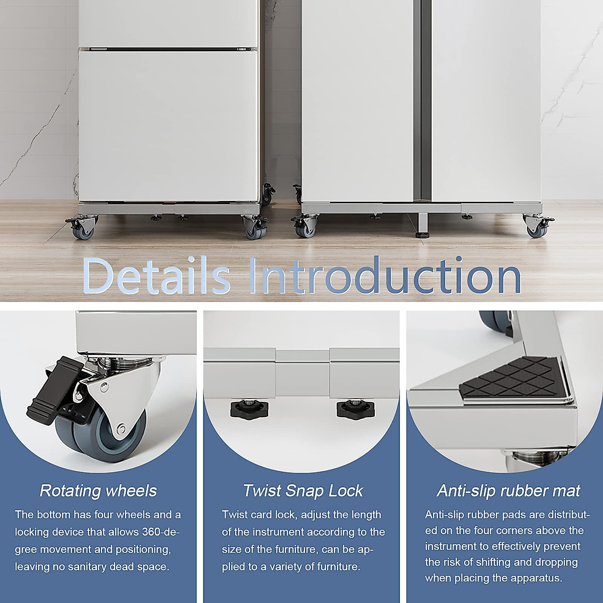 Chinchilla Heavy Duty All Stainless Steel Mobile Fridge Stand Base, Washing Machine Stand with Wheels, Adjustable Furniture Dolly for Washer, Refrigerator and Dryer（Large