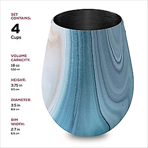 Stainless Steel Unbreakable Wine Glasses - 18 Ounce Set of 4 Wine glasses. Premium Grade 18/8 Stainless Steel Red & White Stemless Wine Glasses set, (Exquisite Blue Marble)