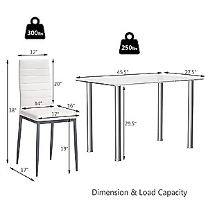 Tangkula Dining Table Set, 5 PCS Modern Tempered Glass Top PVC Leather Chair Dining Table and Chairs Set Dining Room Kitchen Furniture, White
