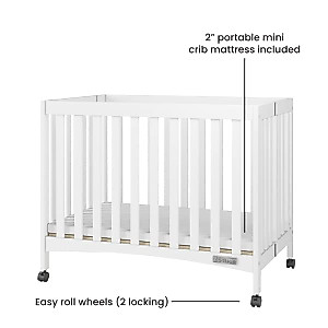 Child Craft London Mini Compact Folding Portable Crib with 2” Crib Mattress and 2 Easy Roll Locking Wheels, Durable Pine Wood Construction (Matte White)