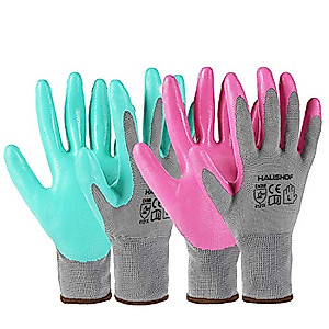 HAUSHOF 6 Pairs Garden Gloves for Women, Nitrile Coated Working Gloves, for Gardening, Restoration Work, Large, Pink & Green, L