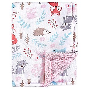 Hudson Baby Unisex Baby Plush Mink and Sherpa Blanket, Girl Woodland, One Size